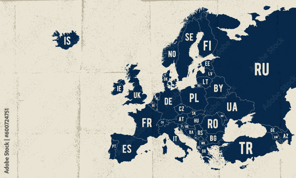 Europe retro poster map. Europe map with short countries names. Vector ...