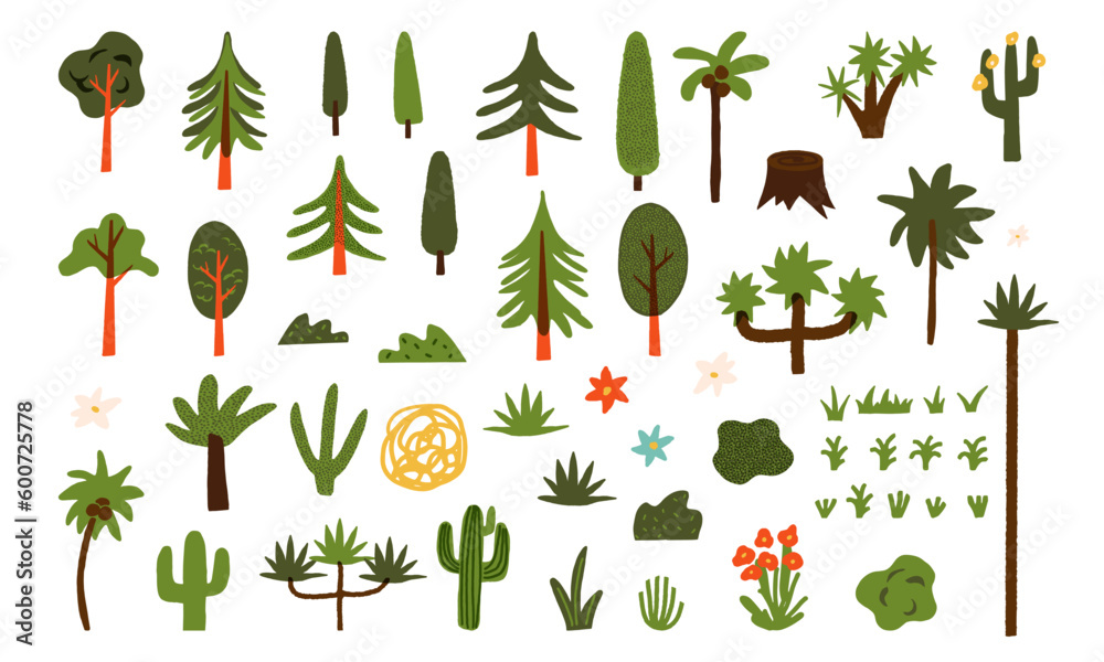 Vetor de Big vector clipart set of green, plants, scrubs, trees. Oak ...