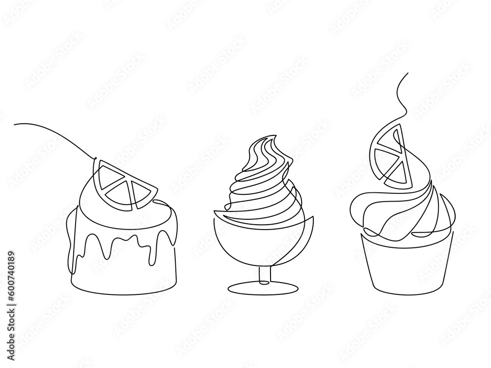 Vector desserts set. Ice cream, cupcake muffin, lemon cake line ...