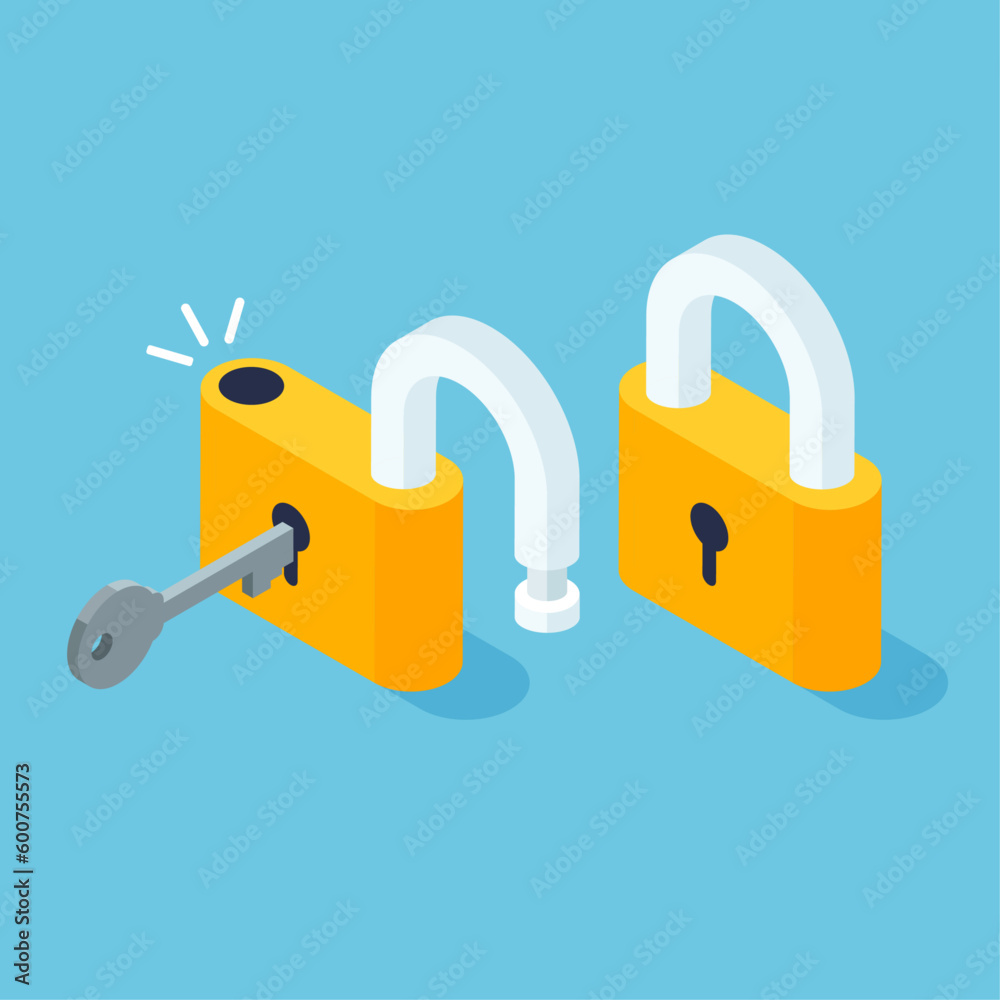 Isometric locked and unlocked lock. Open and closed padlock with key ...