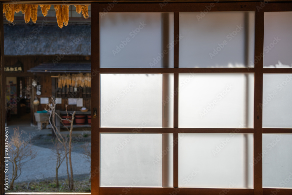Japanese sliding paper window with wood frame and traditional ...