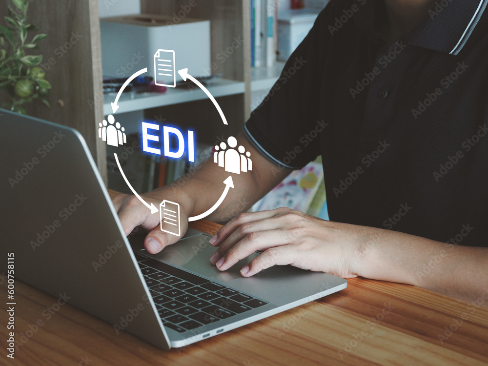 Electronic data exchange EDI. Man with crates exchanging data between ...