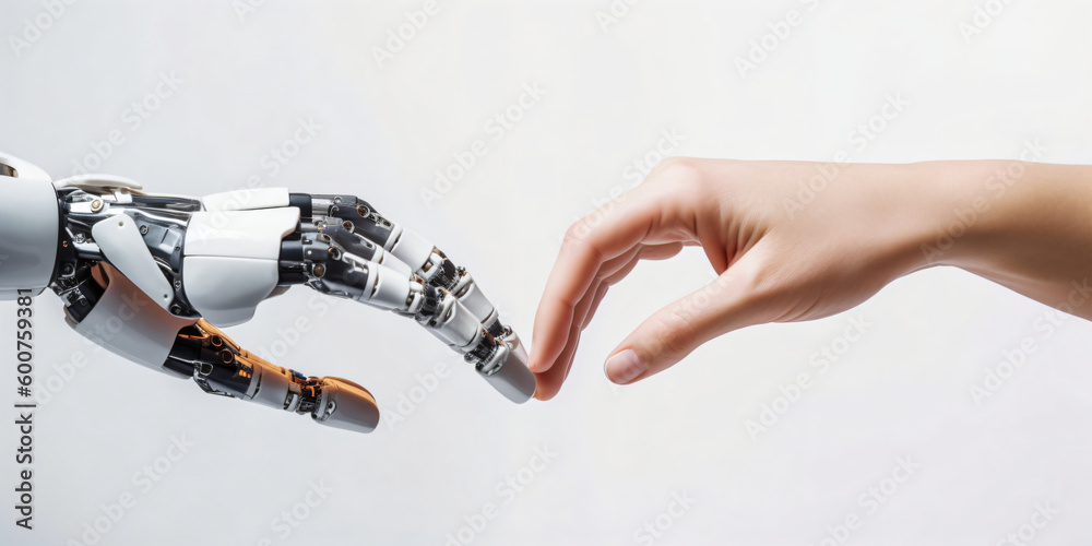 The human hand and the cyborg hand are about to touch each other. The ...