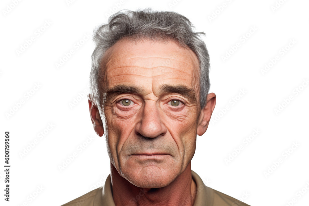 Head and shoulders portrait of a grey haired middle-aged man looking ...