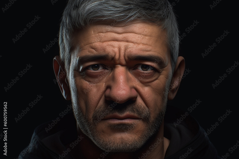Head and shoulders portrait of a grey haired middle-aged man looking thoughtfully at the camera ...
