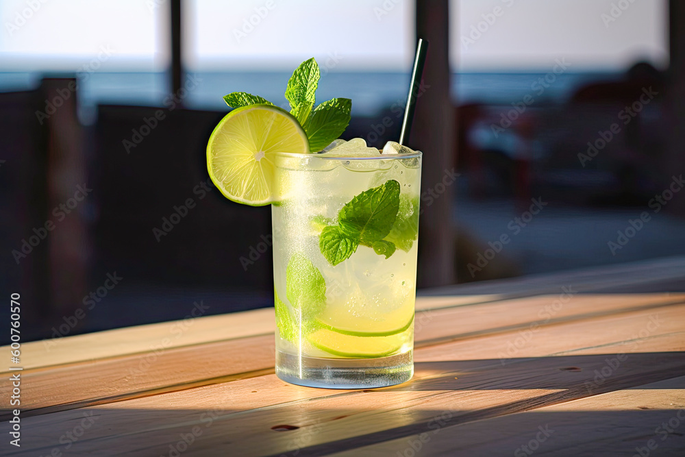 Fresh mojito cocktail on beach bar at summer. Tropical summer vacation ...