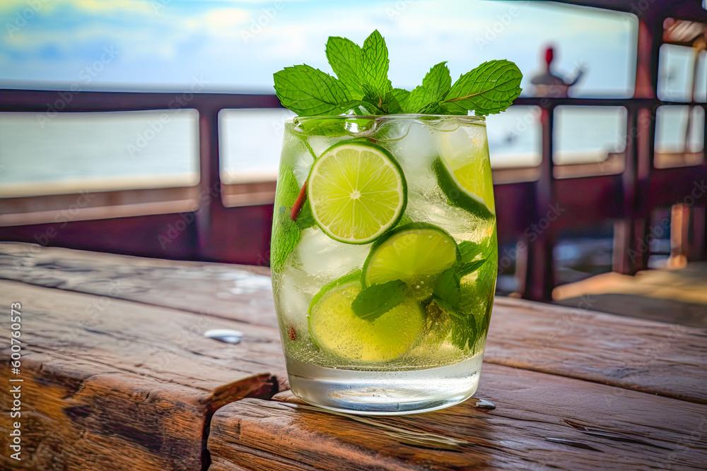 Fresh mojito cocktail on beach bar at summer. Tropical summer vacation ...