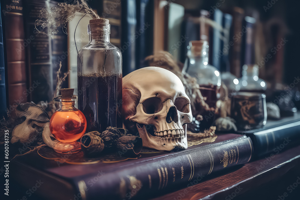 Medieval alchemy laboratory with various flasks and old books during ...