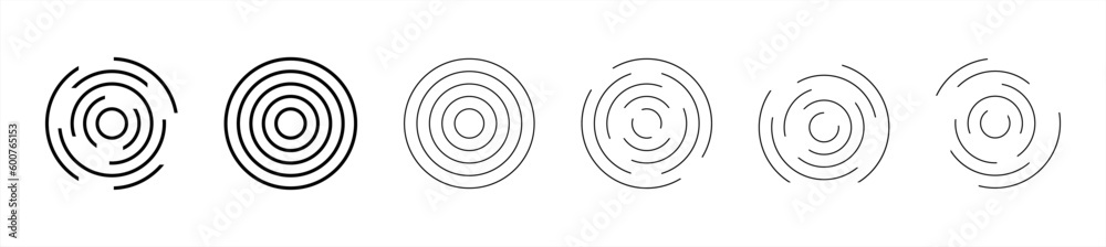 Set of circular ripple icons. Concentric circles with broken lines ...