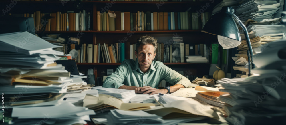 An exhausted man with too much work to do. Work piled up on his desk ...