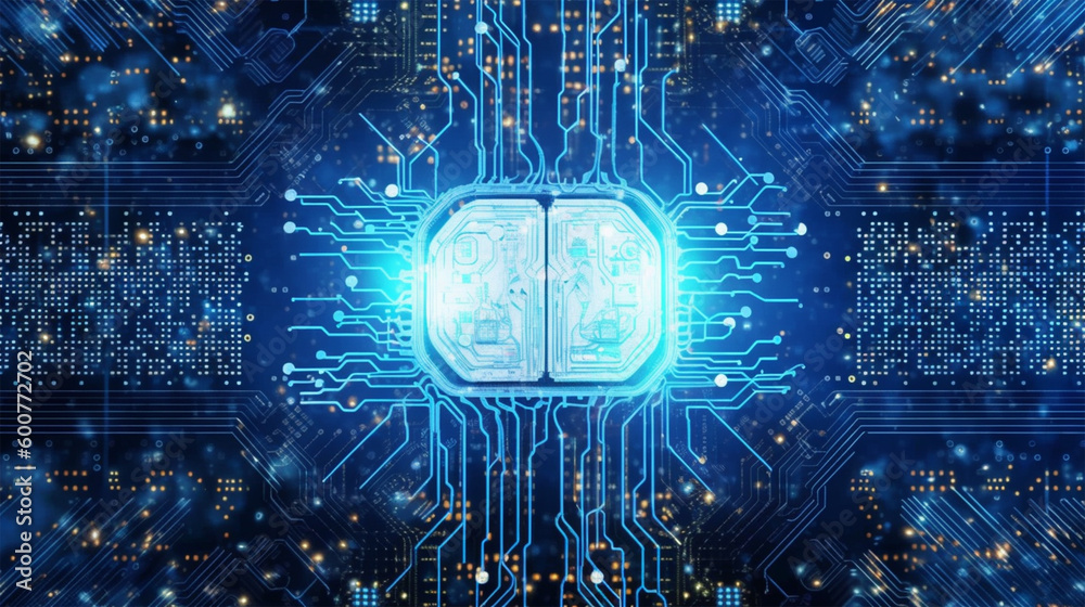 Futuristic microchip processor. Quantum computer, big data processing, database concept ...