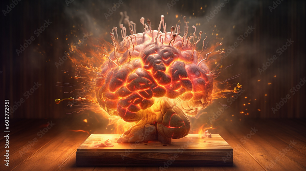 Concept art of a human brain exploding with knowledge and creativity ...