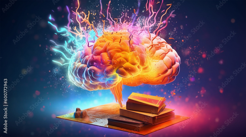 Concept art of a human brain exploding with knowledge and creativity ...