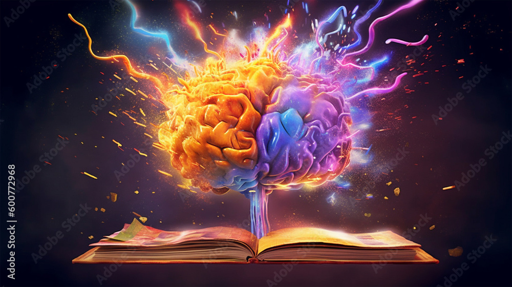 Concept art of a human brain exploding with knowledge and creativity ...