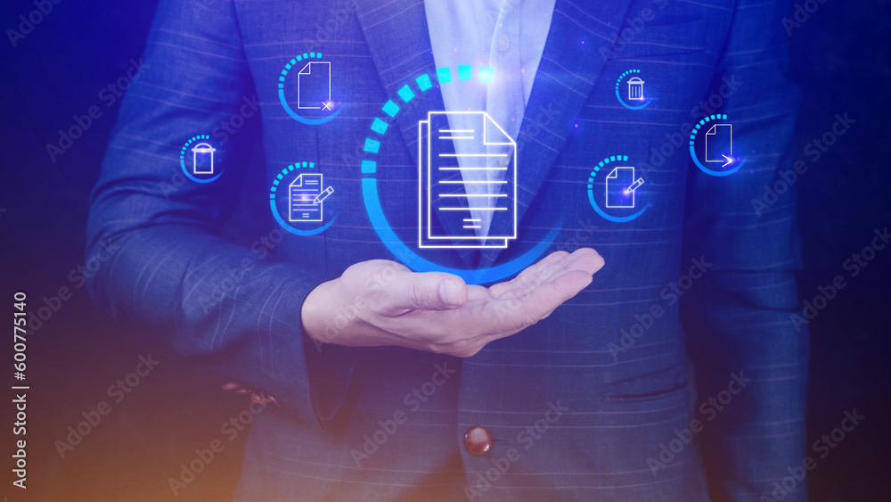 Businessman holding multimedia type of modern buttons with virtual ...