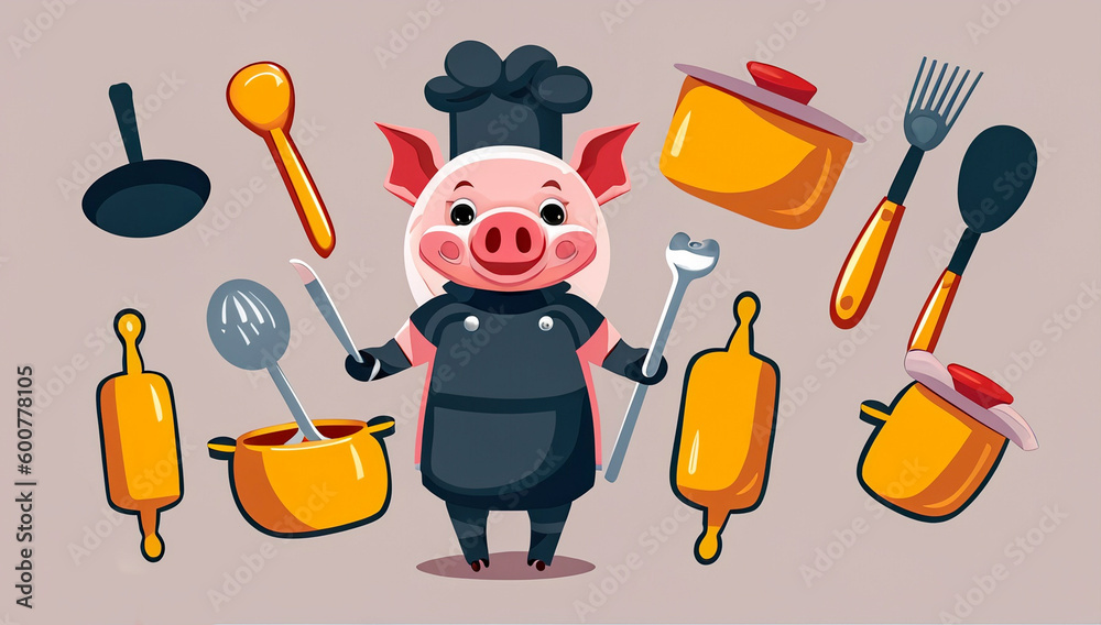 Cartoon cute pig chef mascot series. Cartoon cute pig holding kitchen ...
