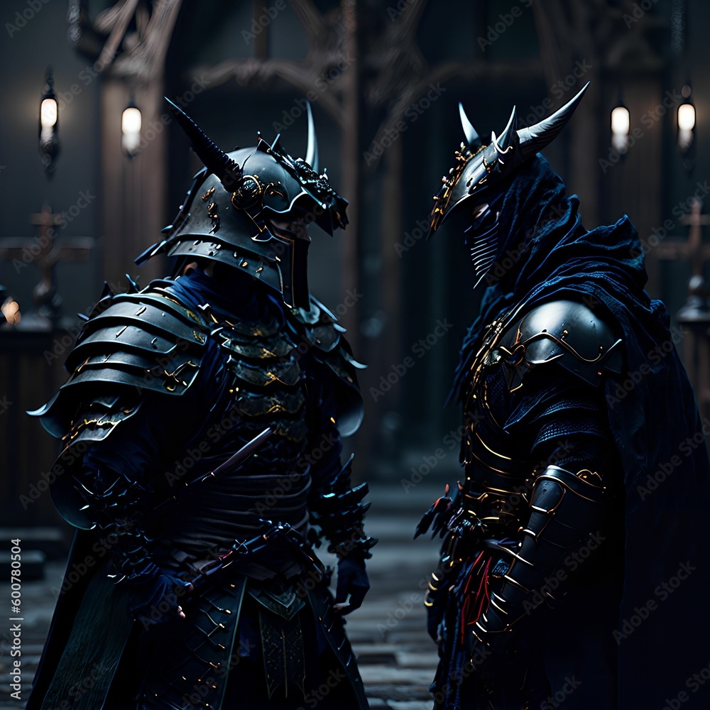 Knight and Japanese samurai warrior facing each other Stock ...