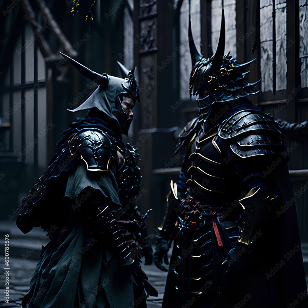 Knight and Japanese samurai warrior facing each other Stock ...