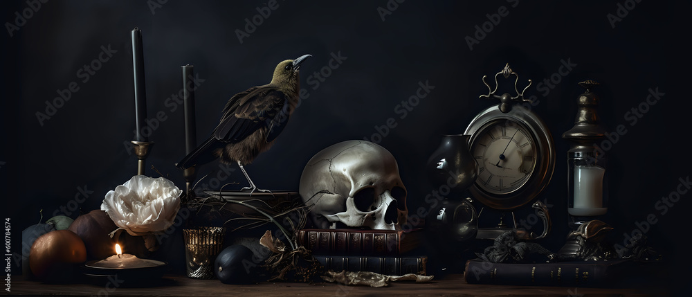 Dark macabre Skull still life background - generative AI - dark art ...