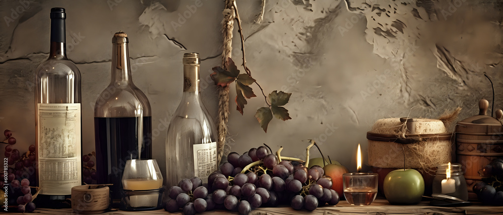 Winery still life background - generative AI - bottle wine and grapes ...