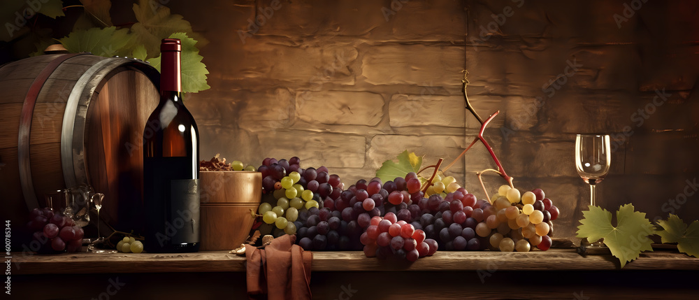 Winery still life background - generative AI - bottle wine and grapes ...