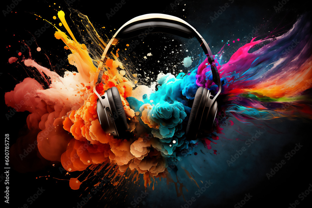 music background with headphones and vibrant colours explosion, summer ...