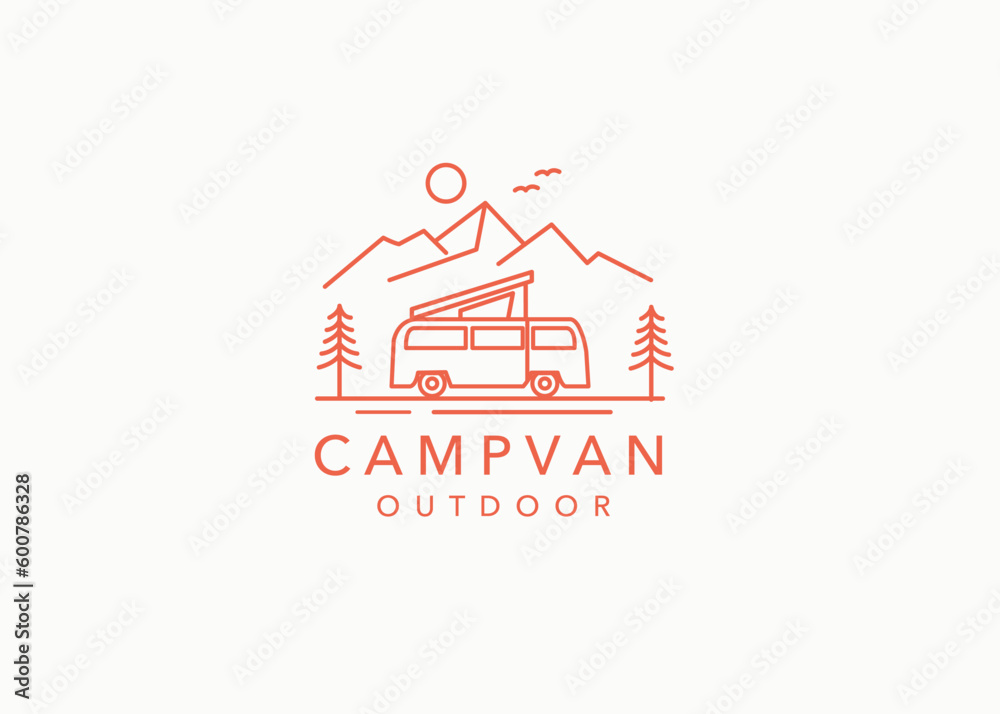 Line art Camper van logo, emblems and badges. camping tent and forest ...