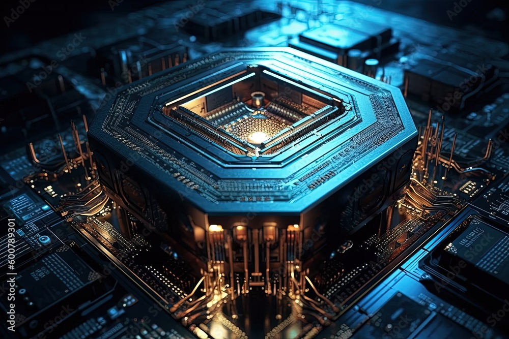 ภาพประกอบสต็อก Futuristic microchip processor with lights on the blue ...