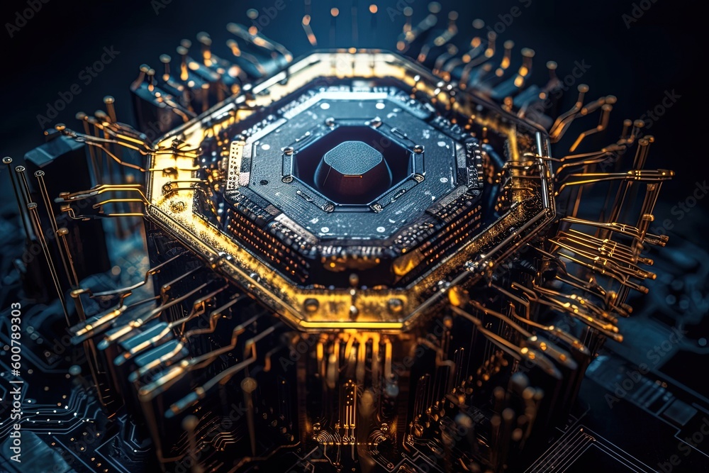 Futuristic microchip processor with lights on the blue background. Quantum computer, database ...