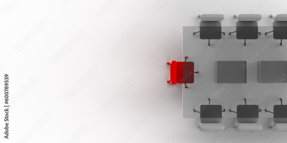 Top view on a rectangular glass office meeting table with one red boss ...