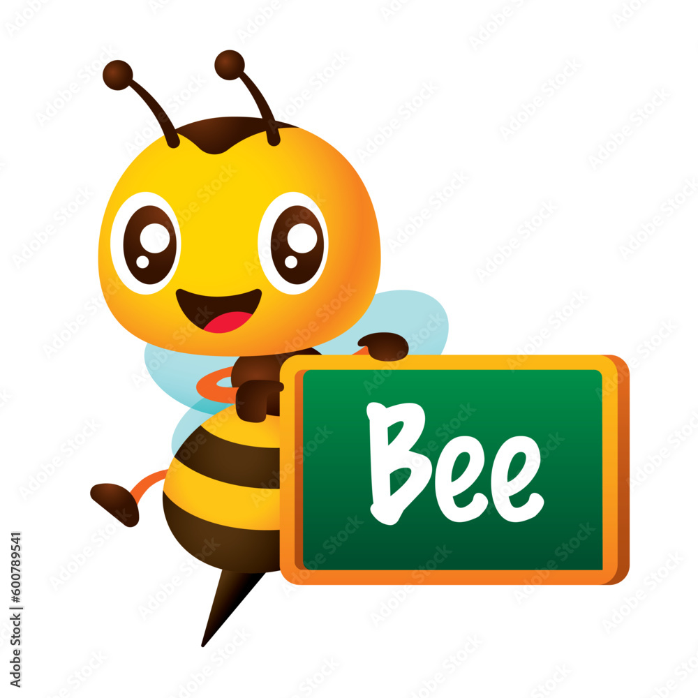 Cartoon cute bee character pointing on blackboard. Back to school theme ...
