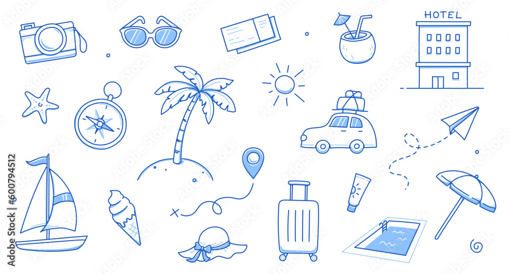 Summer travel vacation drawn set. Hand drawn sketch doodle style summer ...