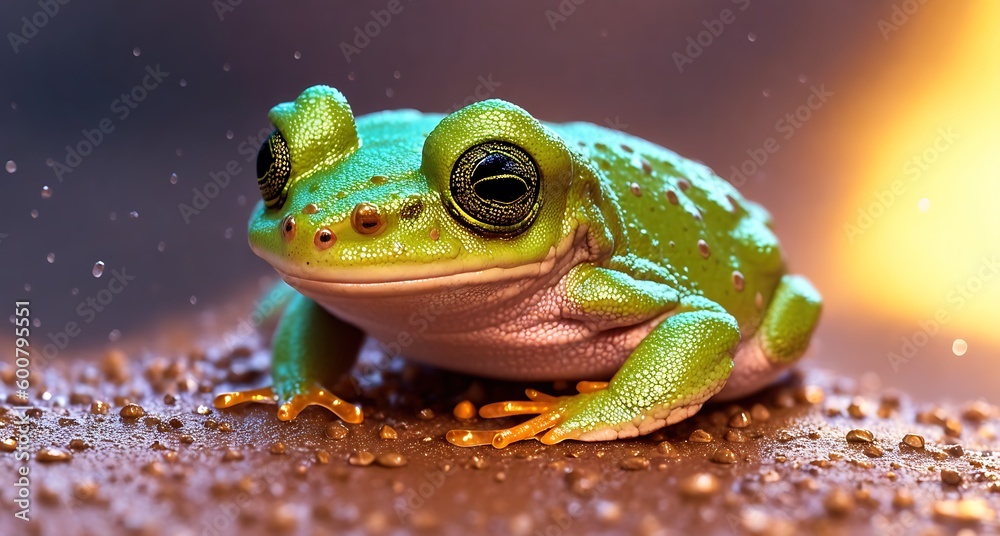 Cute and happy Desert Rain Frog sitting on a wet surface with raindrops ...