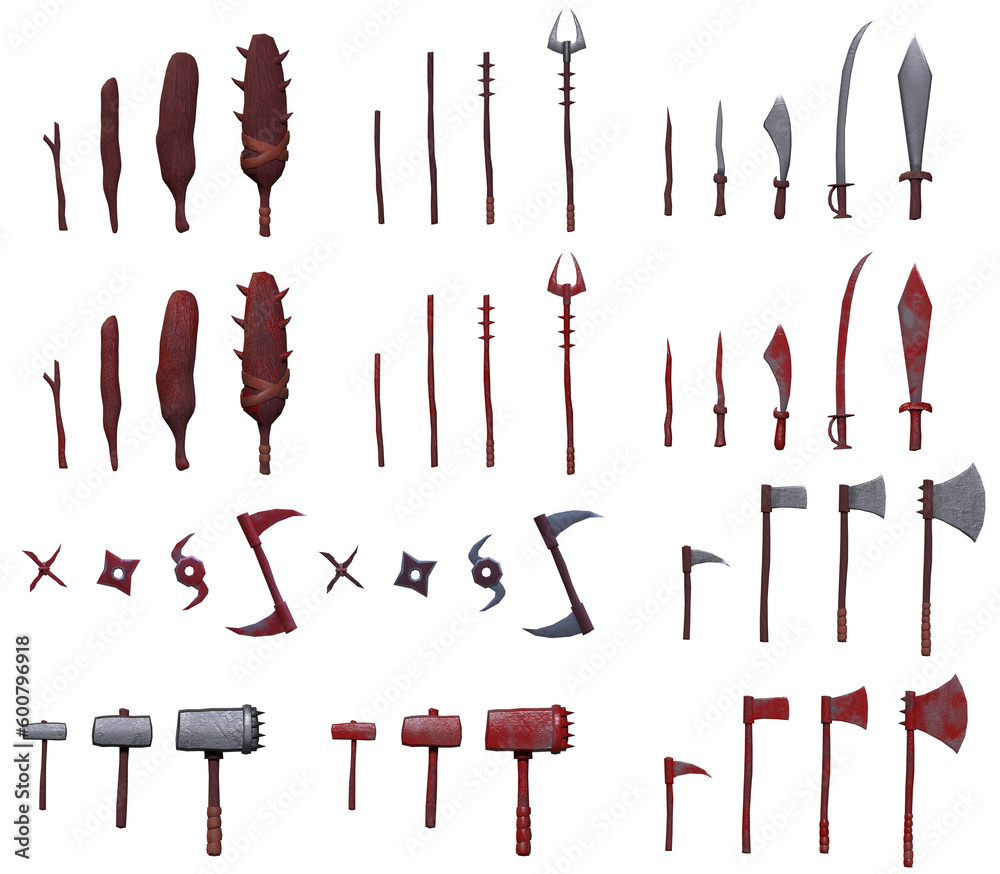 Ancient wooden weapons.Including wooden Bat, Stick, Knife, Sword ...