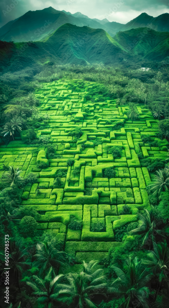 Vista aérea de paisaje verde con montañas y laberinto sobre la cima de ...