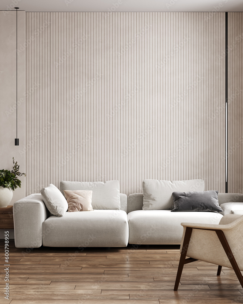 Beige living room with white couch. Modern interior design. Space beige ...