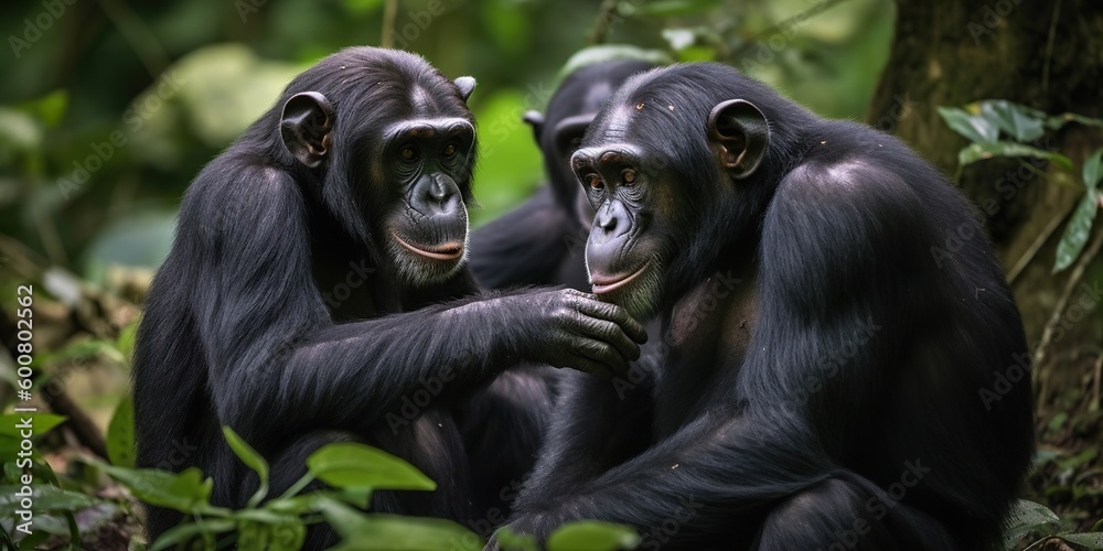 A family of chimpanzees grooming each other in a lush jungle, concept ...