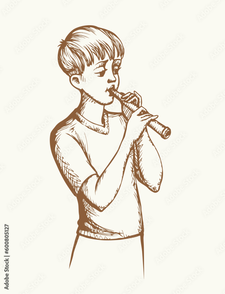 Vector drawing. Boy playing flute Stock Vector | Adobe Stock