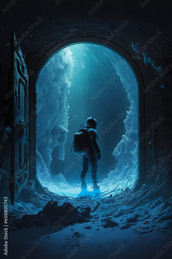 Astronaut stepping into a frozen alien world. Created with Generative ...