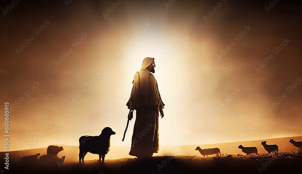 Shepherd Jesus Christ leading the sheep and praying to God and in the ...