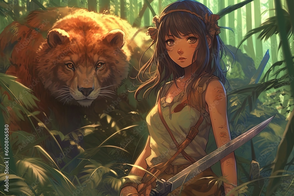 Beautiful anime girl adventurer, exploring a dense jungle with a ...