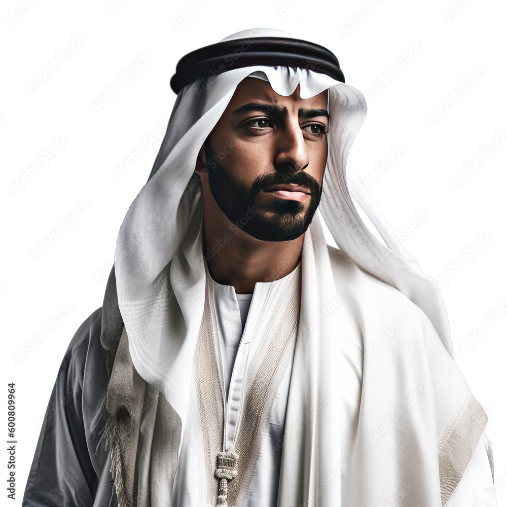 Young handsome Emirati business man in UAE traditional outfit showing a ...