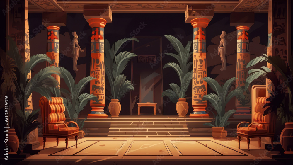 Egyptian temple interior with columns and armchairs. Vector ...