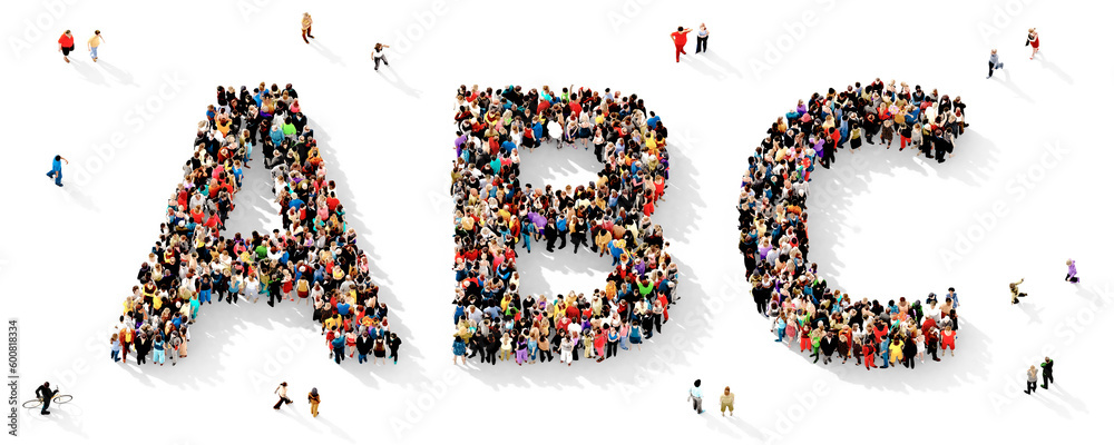 Large and diverse group of people gathered together in the shape of A B ...