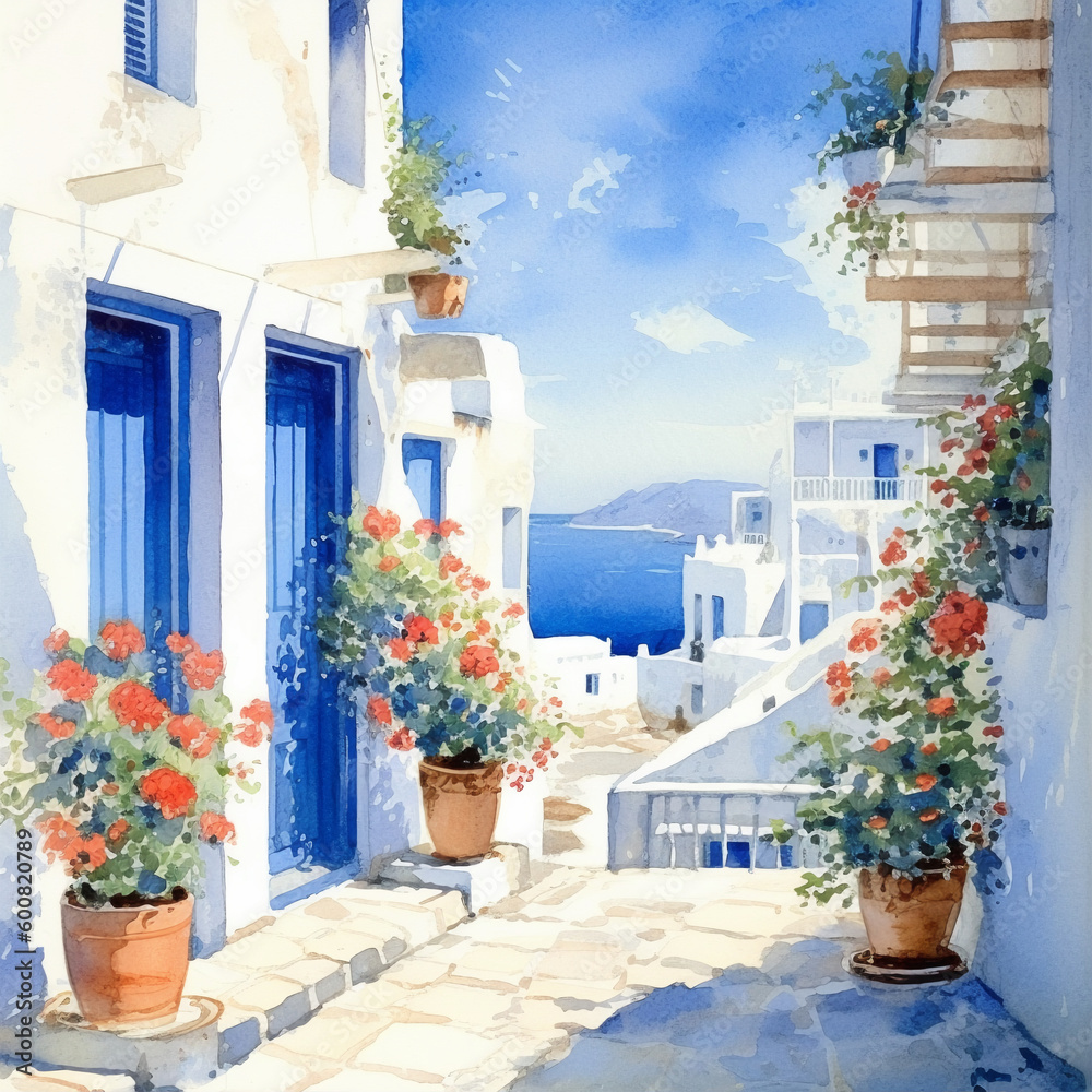watercolor painting of beautiful house in Greece. hand drawn, painting ...