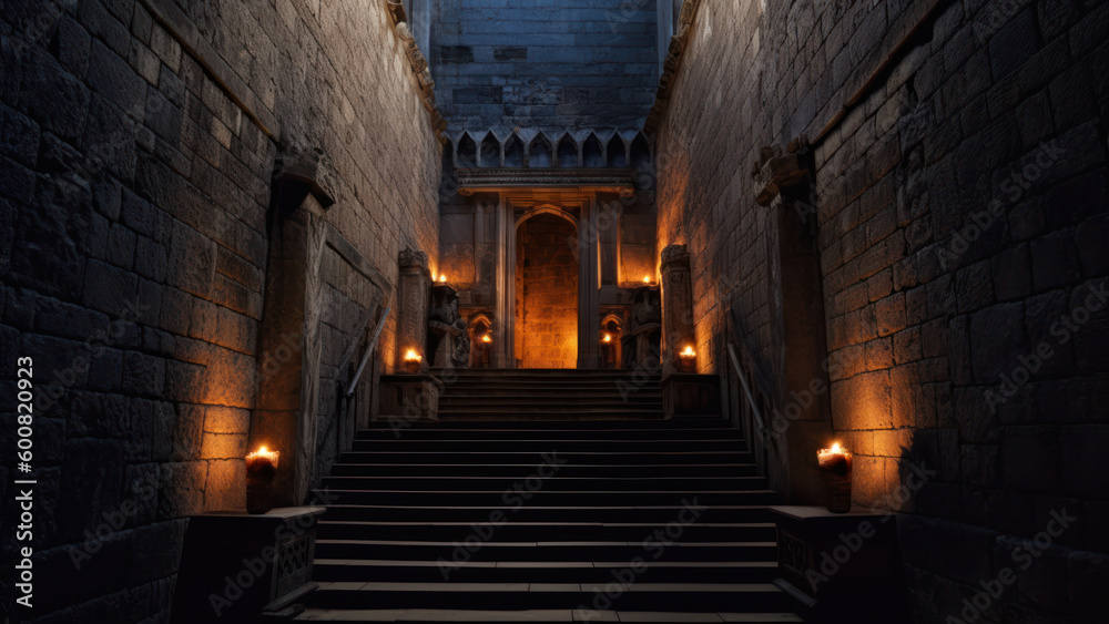 ominous, stone-walled, torches, night, darkness stair-accessible ...