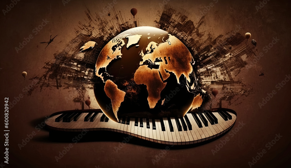 World Music Day concept. The music of earth. A globe with world map ...