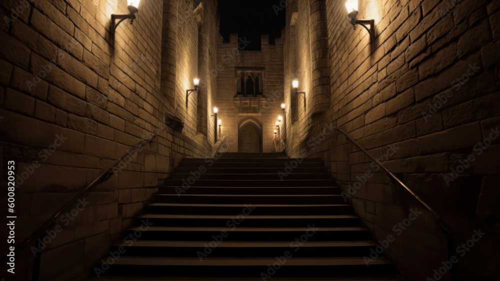 ominous, stone-walled, torches, night, darkness stair-accessible ...