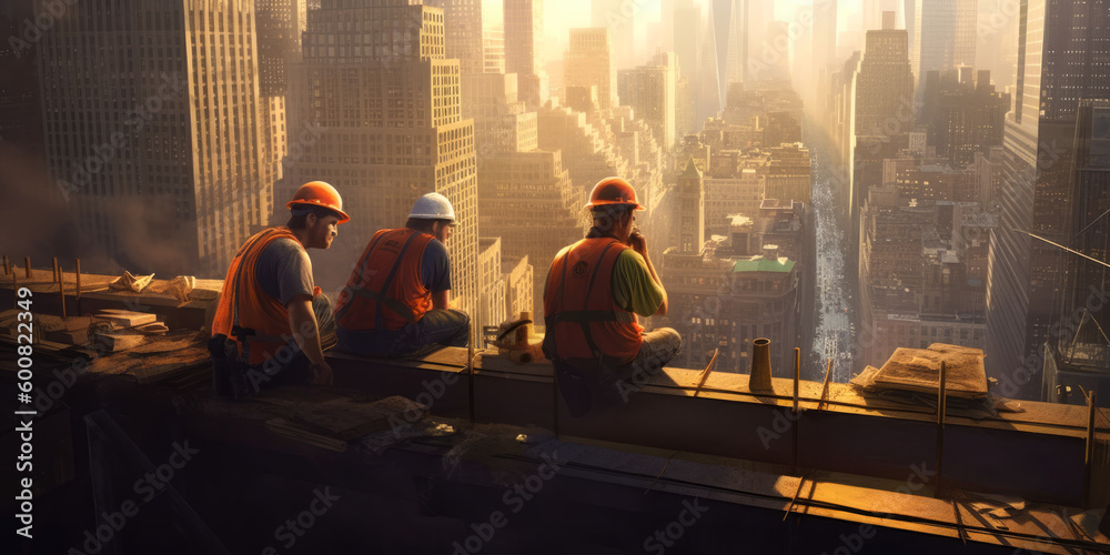 Construction workers sitting on a beam overlooking New York City ...