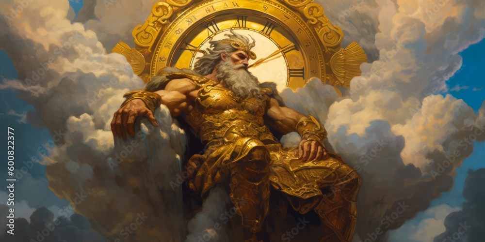 God of Time Chronos sitting among clouds with a golden clock behind ...